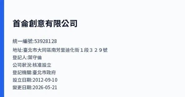 首侖創意有限公司的照片-統編 53928128(臺北市) 公司登記資料與營業項目詳細圖表
