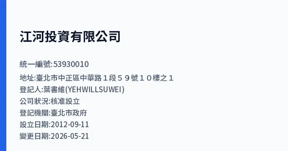 江河投資有限公司的照片-統編 53930010(臺北市) 公司登記資料與營業項目詳細圖表