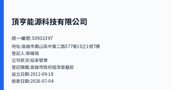 頂亨能源科技有限公司的照片-統編 53932397(高雄市) 公司登記資料與營業項目詳細圖表