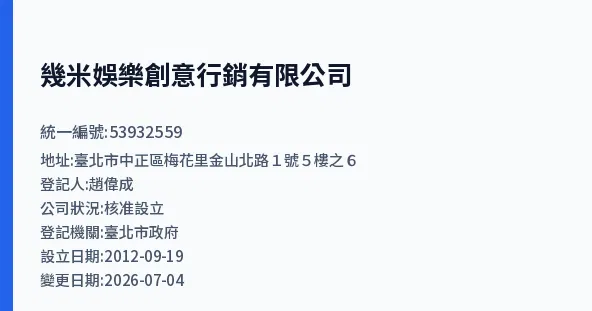 幾米娛樂創意行銷有限公司的照片-統編 53932559(臺北市) 公司登記資料與營業項目詳細圖表