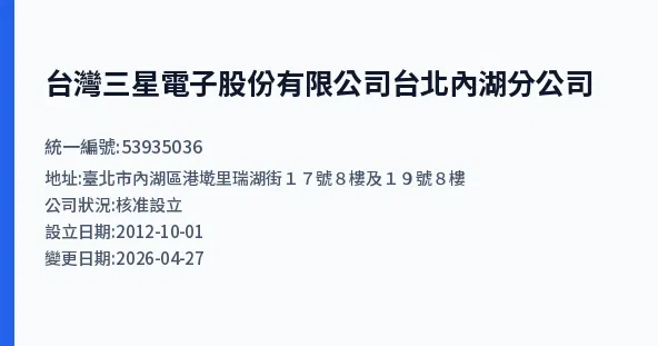 台灣三星電子股份有限公司台北內湖分公司的照片-統編 53935036(臺北市) 公司登記資料與營業項目詳細圖表