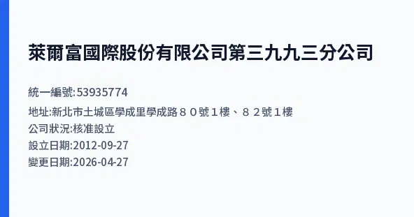 萊爾富國際股份有限公司第三九九三分公司的照片-統編 53935774(新北市) 公司登記資料與營業項目詳細圖表