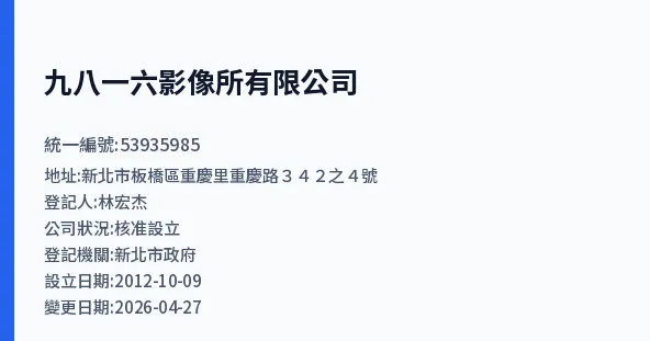 九八一六影像所有限公司的照片-統編 53935985(新北市) 公司登記資料與營業項目詳細圖表