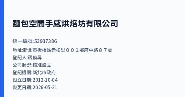 麵包空間手感烘焙坊有限公司的照片-統編 53937386(新北市) 公司登記資料與營業項目詳細圖表