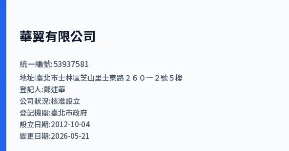 華翼有限公司的照片-統編 53937581(臺北市) 公司登記資料與營業項目詳細圖表