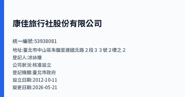 康佳旅行社股份有限公司的照片-統編 53938081(臺北市) 公司登記資料與營業項目詳細圖表