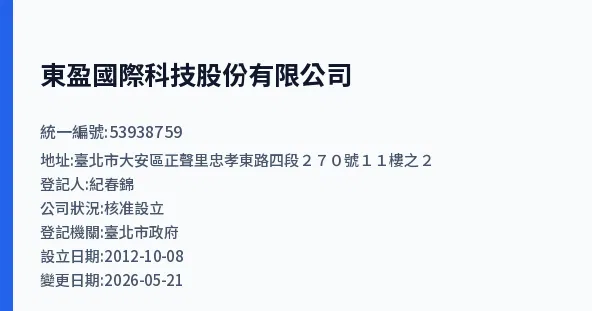 東盈國際科技股份有限公司的照片-統編 53938759(臺北市) 公司登記資料與營業項目詳細圖表