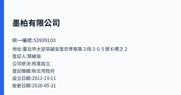墨柏有限公司的照片-統編 53939103(臺北市) 公司登記資料與營業項目詳細圖表