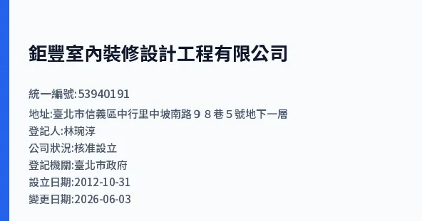 鉅豐室內裝修設計工程有限公司的照片-統編 53940191(臺北市) 公司登記資料與營業項目詳細圖表