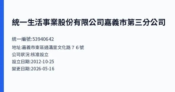 統一生活事業股份有限公司嘉義市第三分公司的照片-統編 53940642(嘉義市) 公司登記資料與營業項目詳細圖表