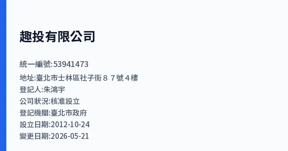 趣投有限公司的照片-統編 53941473(臺北市) 公司登記資料與營業項目詳細圖表