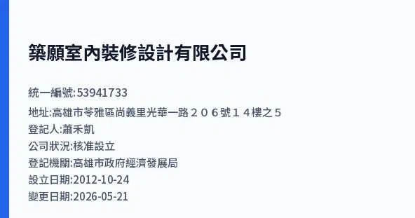築願室內裝修設計有限公司的照片-統編 53941733(高雄市) 公司登記資料與營業項目詳細圖表