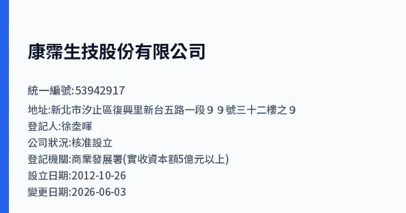 康霈生技股份有限公司的照片-統編 53942917(新北市) 公司登記資料與營業項目詳細圖表
