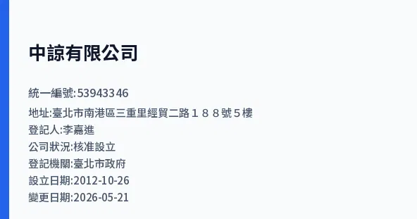 中諒有限公司的照片-統編 53943346(臺北市) 公司登記資料與營業項目詳細圖表