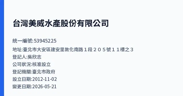 台灣美威水產股份有限公司的照片-統編 53945225(臺北市) 公司登記資料與營業項目詳細圖表