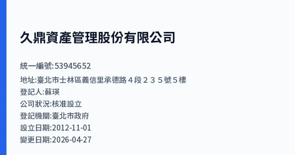 久鼎資產管理股份有限公司的照片-統編 53945652(臺北市) 公司登記資料與營業項目詳細圖表