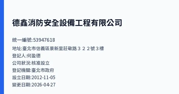 德鑫消防安全設備工程有限公司的照片-統編 53947618(臺北市) 公司登記資料與營業項目詳細圖表