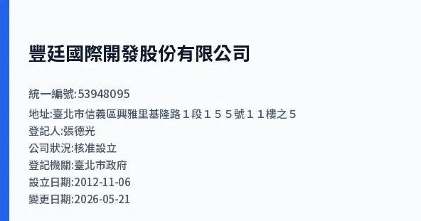豐廷國際開發股份有限公司的照片-統編 53948095(臺北市) 公司登記資料與營業項目詳細圖表