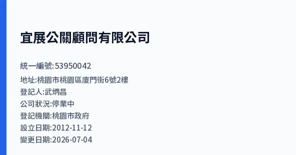 宜展公關顧問有限公司的照片-統編 53950042(桃園市) 公司登記資料與營業項目詳細圖表