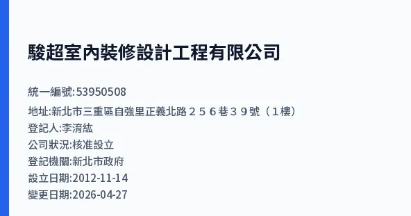 駿超室內裝修設計工程有限公司的照片-統編 53950508(新北市) 公司登記資料與營業項目詳細圖表