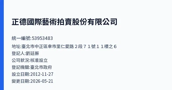 正德國際藝術拍賣股份有限公司的照片-統編 53953483(臺北市) 公司登記資料與營業項目詳細圖表