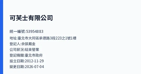 可芙士有限公司的照片-統編 53954883(臺北市) 公司登記資料與營業項目詳細圖表