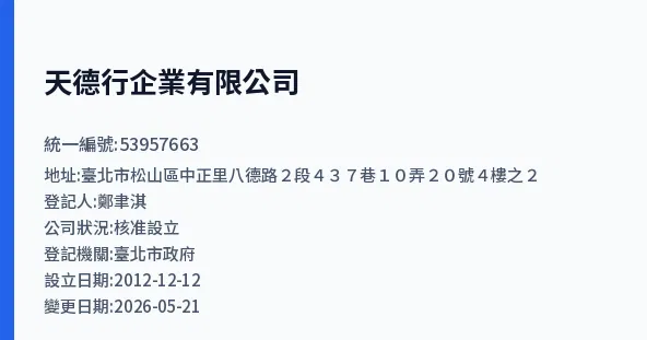 天德行企業有限公司的照片-統編 53957663(臺北市) 公司登記資料與營業項目詳細圖表