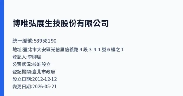 博唯弘展生技股份有限公司的照片-統編 53958190(臺北市) 公司登記資料與營業項目詳細圖表