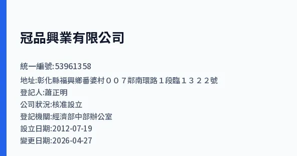 冠品興業有限公司的照片-統編 53961358(彰化縣) 公司登記資料與營業項目詳細圖表