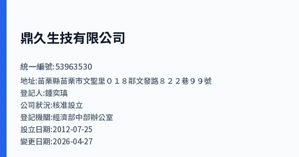 鼎久生技有限公司的照片-統編 53963530(苗栗縣) 公司登記資料與營業項目詳細圖表