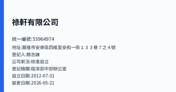 祿軒有限公司的照片-統編 53964974(基隆市) 公司登記資料與營業項目詳細圖表