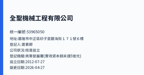 全聖機械工程有限公司的照片-統編 53965050(基隆市) 公司登記資料與營業項目詳細圖表