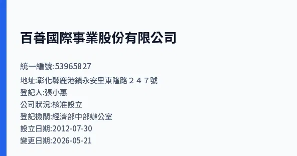 百善國際事業股份有限公司的照片-統編 53965827(彰化縣) 公司登記資料與營業項目詳細圖表
