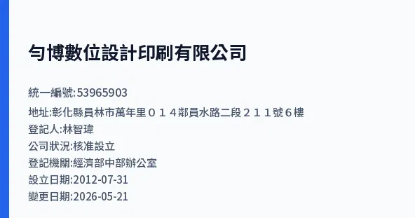 勻博數位設計印刷有限公司的照片-統編 53965903(彰化縣) 公司登記資料與營業項目詳細圖表