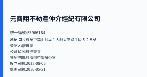 元寶翔不動產仲介經紀有限公司的照片-統編 53966184(南投縣) 公司登記資料與營業項目詳細圖表