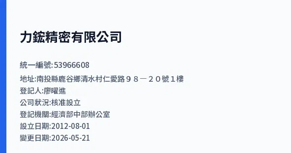 力鋐精密有限公司的照片-統編 53966608(南投縣) 公司登記資料與營業項目詳細圖表