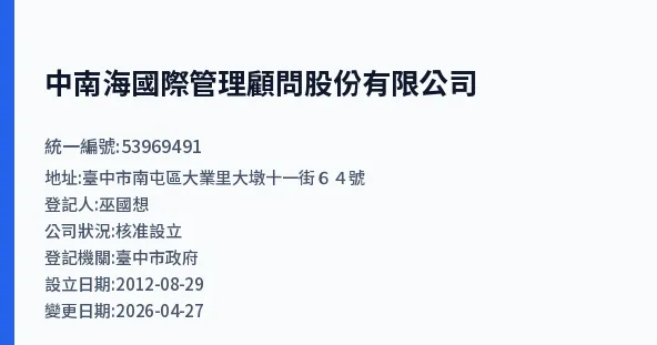 中南海國際管理顧問股份有限公司的照片-統編 53969491(臺中市) 公司登記資料與營業項目詳細圖表