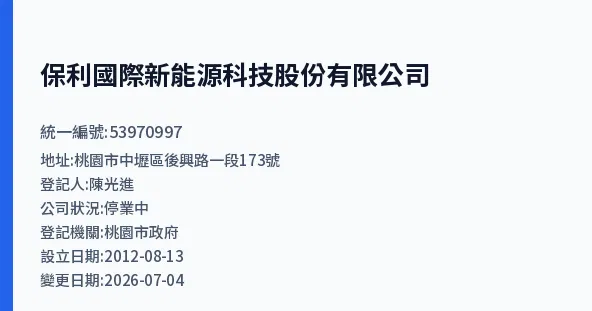 保利國際新能源科技股份有限公司的照片-統編 53970997(桃園市) 公司登記資料與營業項目詳細圖表