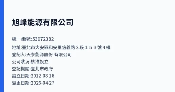 旭峰能源有限公司的照片-統編 53972382(臺北市) 公司登記資料與營業項目詳細圖表