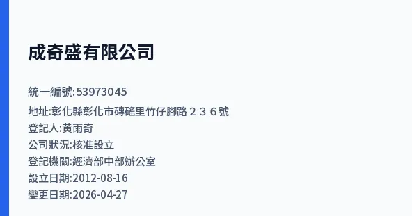 成奇盛有限公司的照片-統編 53973045(彰化縣) 公司登記資料與營業項目詳細圖表