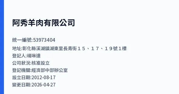 阿秀羊肉有限公司的照片-統編 53973404(彰化縣) 公司登記資料與營業項目詳細圖表
