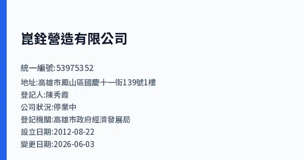 崑銓營造有限公司的照片-統編 53975352(高雄市) 公司登記資料與營業項目詳細圖表