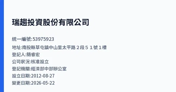 瑞趨投資股份有限公司的照片-統編 53975923(南投縣) 公司登記資料與營業項目詳細圖表