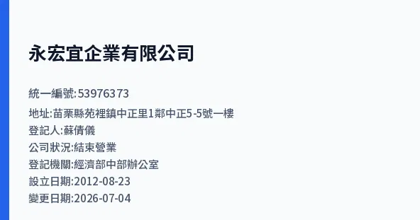 永宏宜企業有限公司的照片-統編 53976373(苗栗縣) 公司登記資料與營業項目詳細圖表