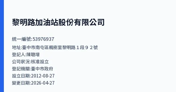 黎明路加油站股份有限公司的照片-統編 53976937(臺中市) 公司登記資料與營業項目詳細圖表