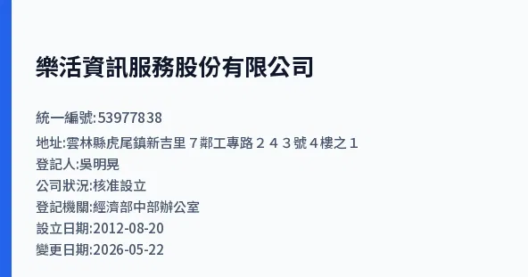 樂活資訊服務股份有限公司的照片-統編 53977838(雲林縣) 公司登記資料與營業項目詳細圖表