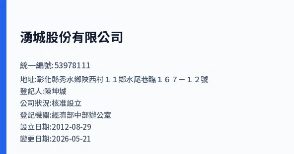 湧城股份有限公司的照片-統編 53978111(彰化縣) 公司登記資料與營業項目詳細圖表