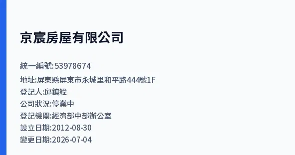 京宸房屋有限公司的照片-統編 53978674(屏東縣) 公司登記資料與營業項目詳細圖表