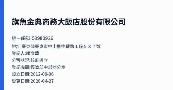 旗魚金典商務大飯店股份有限公司的照片-統編 53980926(臺東縣) 公司登記資料與營業項目詳細圖表