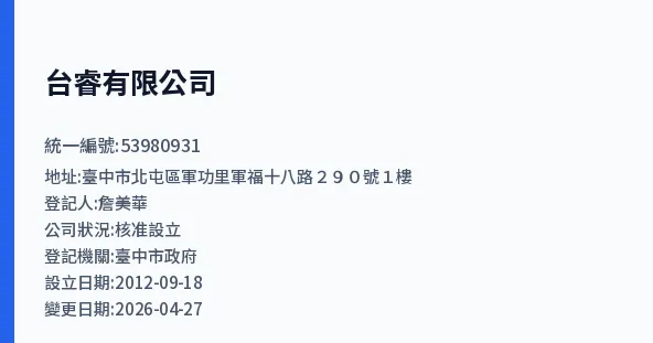 台睿有限公司的照片-統編 53980931(臺中市) 公司登記資料與營業項目詳細圖表